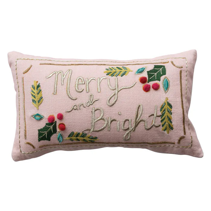 Merry Bright Embroidered Pillow – Pink Lemonade